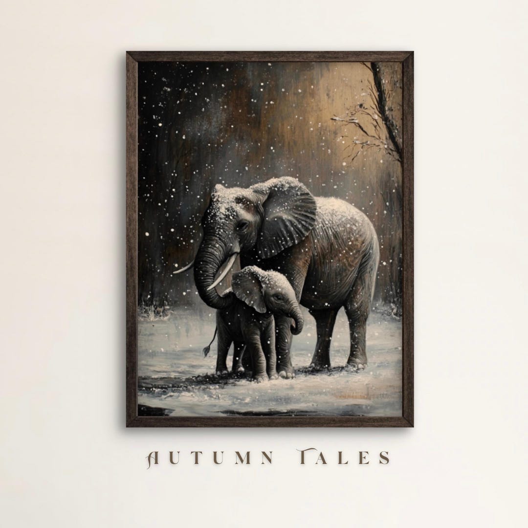 Elephant and Her Baby in Winter Night Wall Art Print, Moody Winter ...