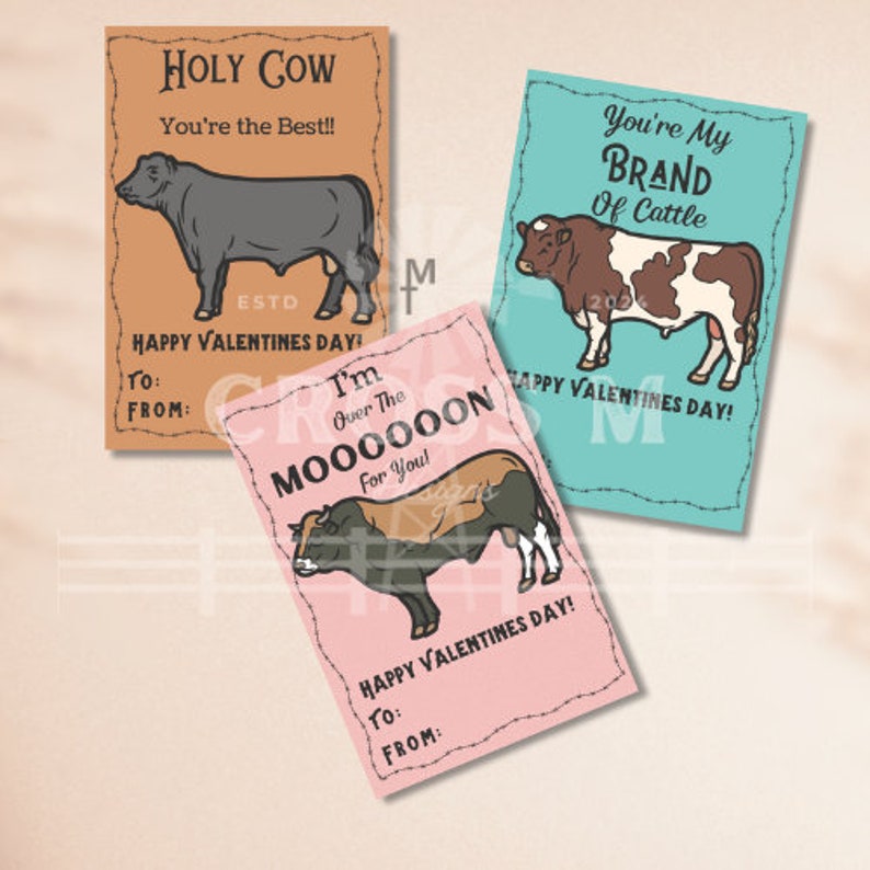 Cows Cattle Western Valentine's Day Cards Digital Template | 3.5"x4 ...