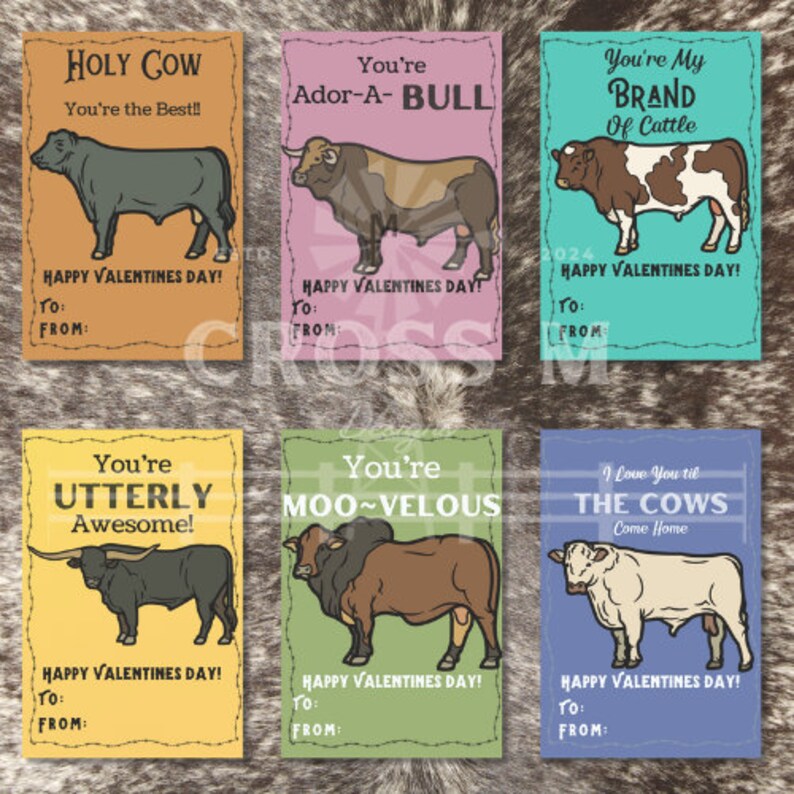 Cows Cattle Western Valentine's Day Cards Digital Template | 3.5"x4 ...