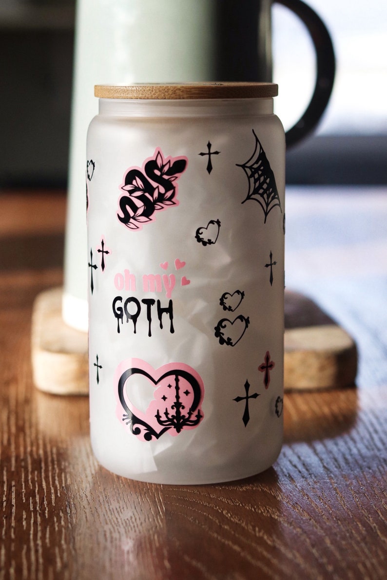 Pink Goth 16oz Frosted Glass Cup With Bamboo Lid and Straw Glass ...