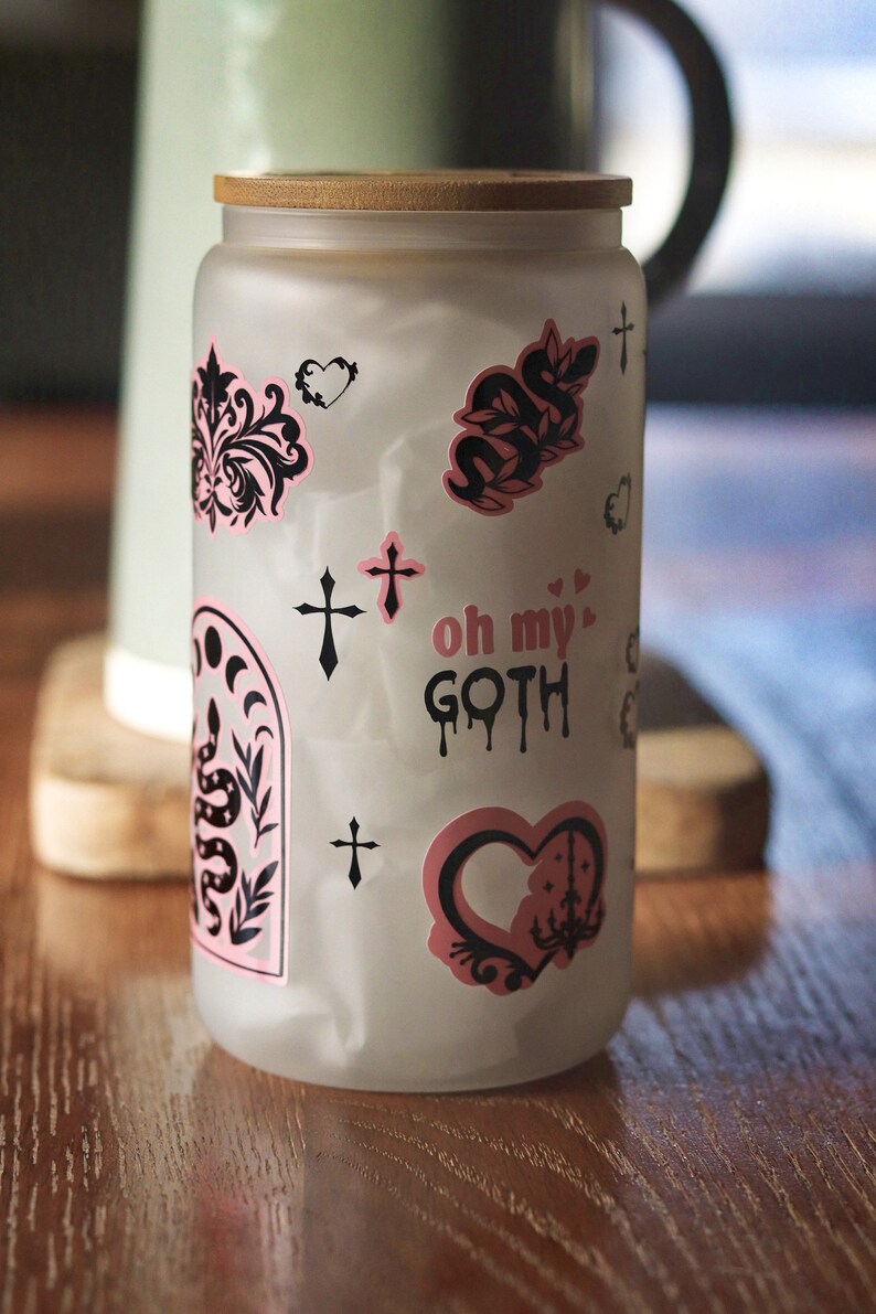 Pink Goth 16oz Frosted Glass Cup With Bamboo Lid and Straw Glass ...