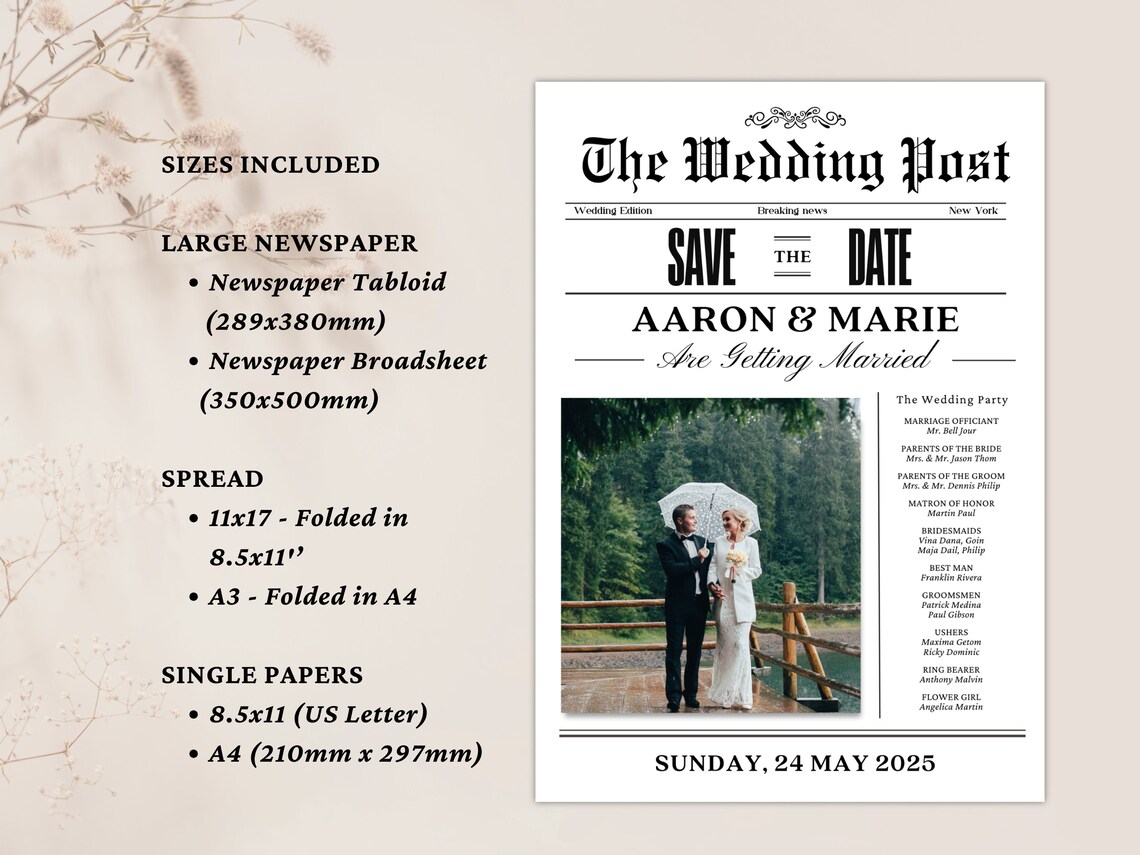 Folded Large Wedding Newspaper Program Template, Editable Wedding ...