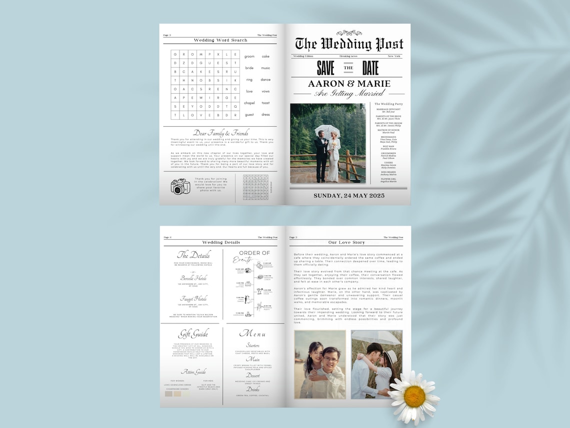 Folded Large Wedding Newspaper Program Template, Editable Wedding ...