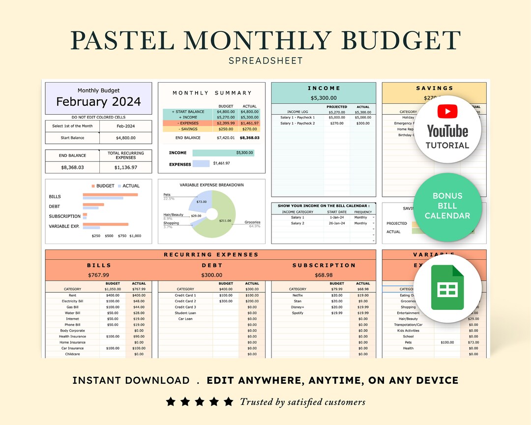 Pastel Monthly Budget Spreadsheet Google Sheets Planner Template, 50 30 ...