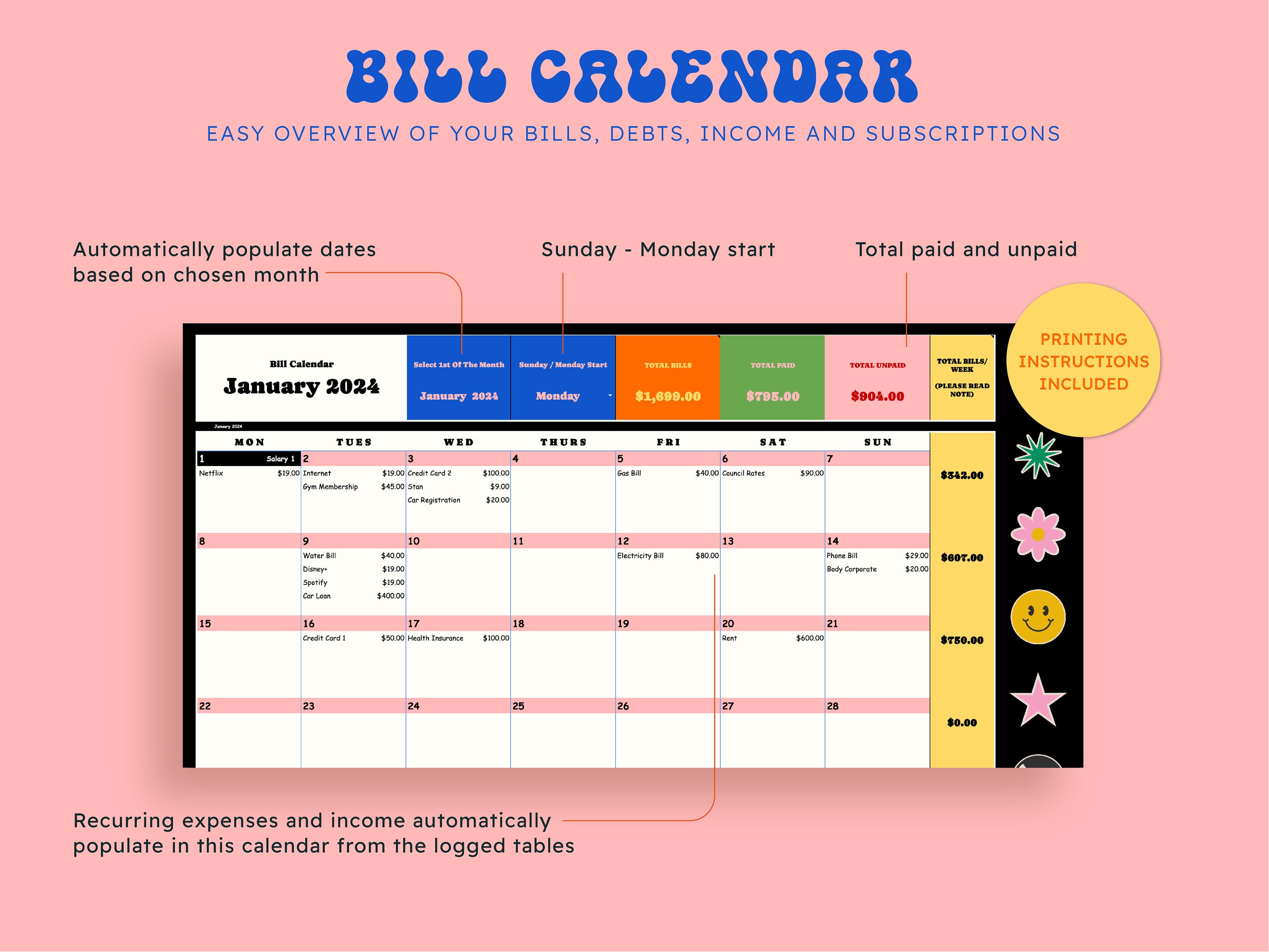 Retro Bill Calendar, Smart Calendar Google Sheets, Subscription Tracker ...