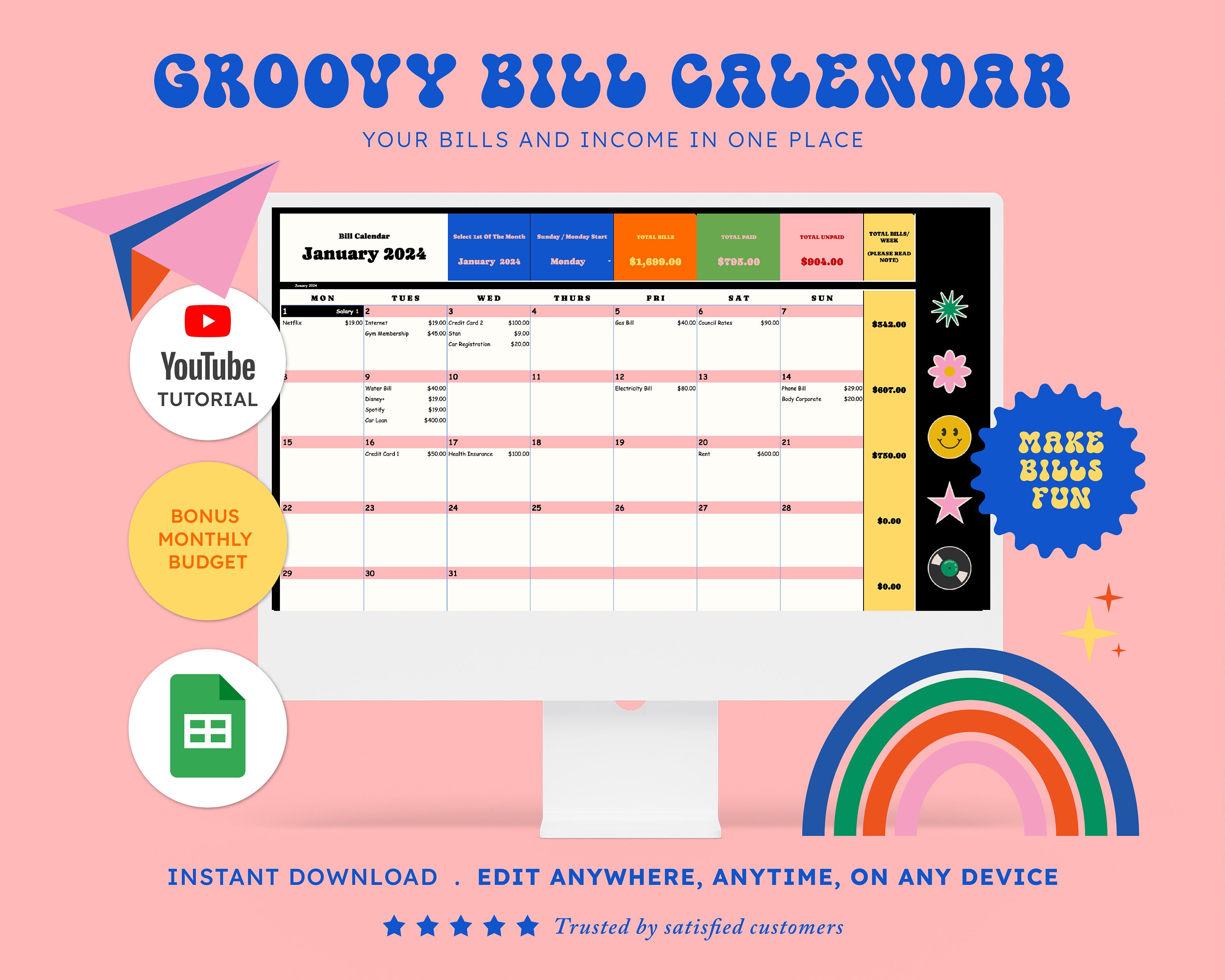 Retro Bill Calendar, Smart Calendar Google Sheets, Subscription Tracker ...