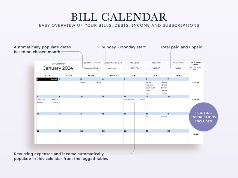 Bill Calendar, Smart Calendar Google Sheets, Subscription Tracker, Bill ...