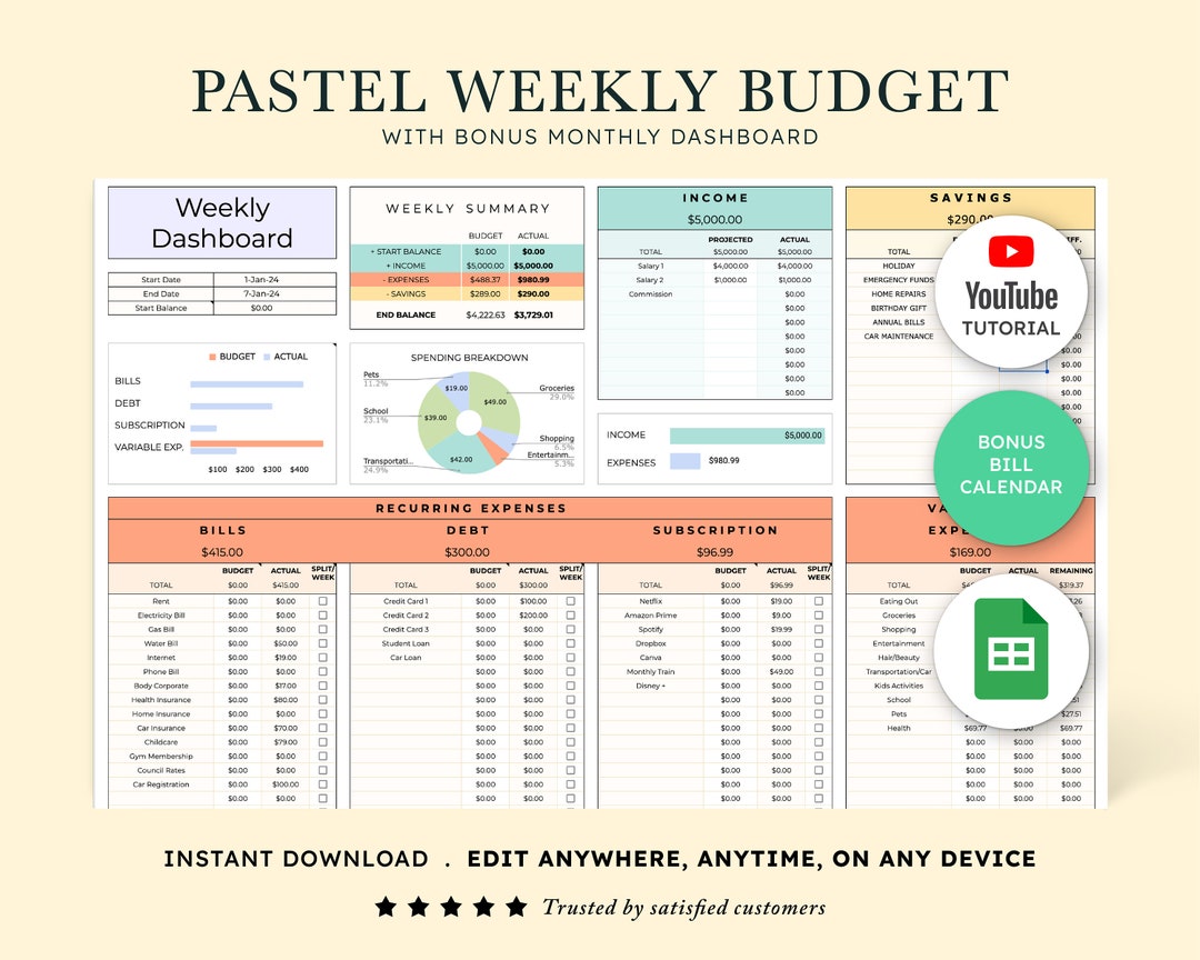 Pastel Weekly Budget Planner Spreadsheet Google Sheets Paycheck and ...