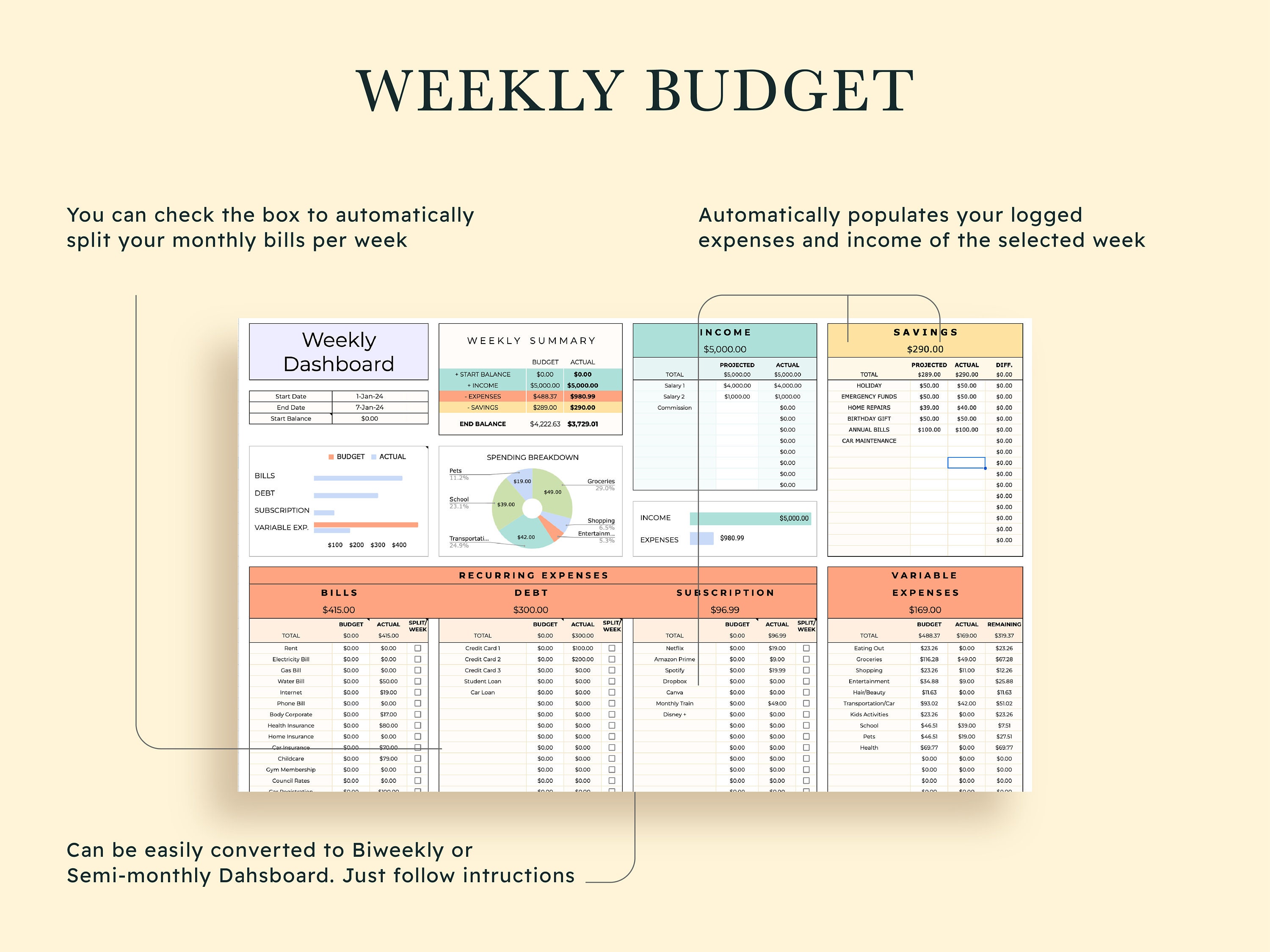 Pastel Weekly Budget Planner Spreadsheet Google Sheets Paycheck and ...