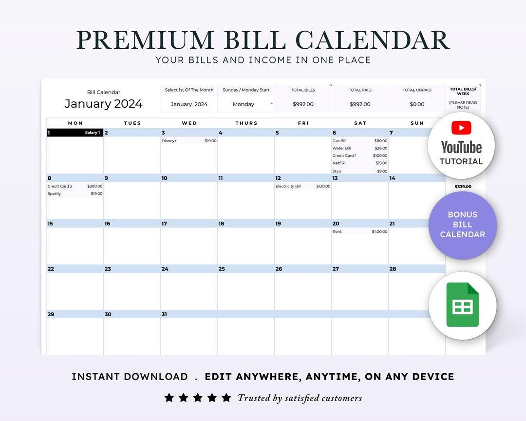 Bill Calendar, Smart Calendar Google Sheets, Subscription Tracker, Bill ...