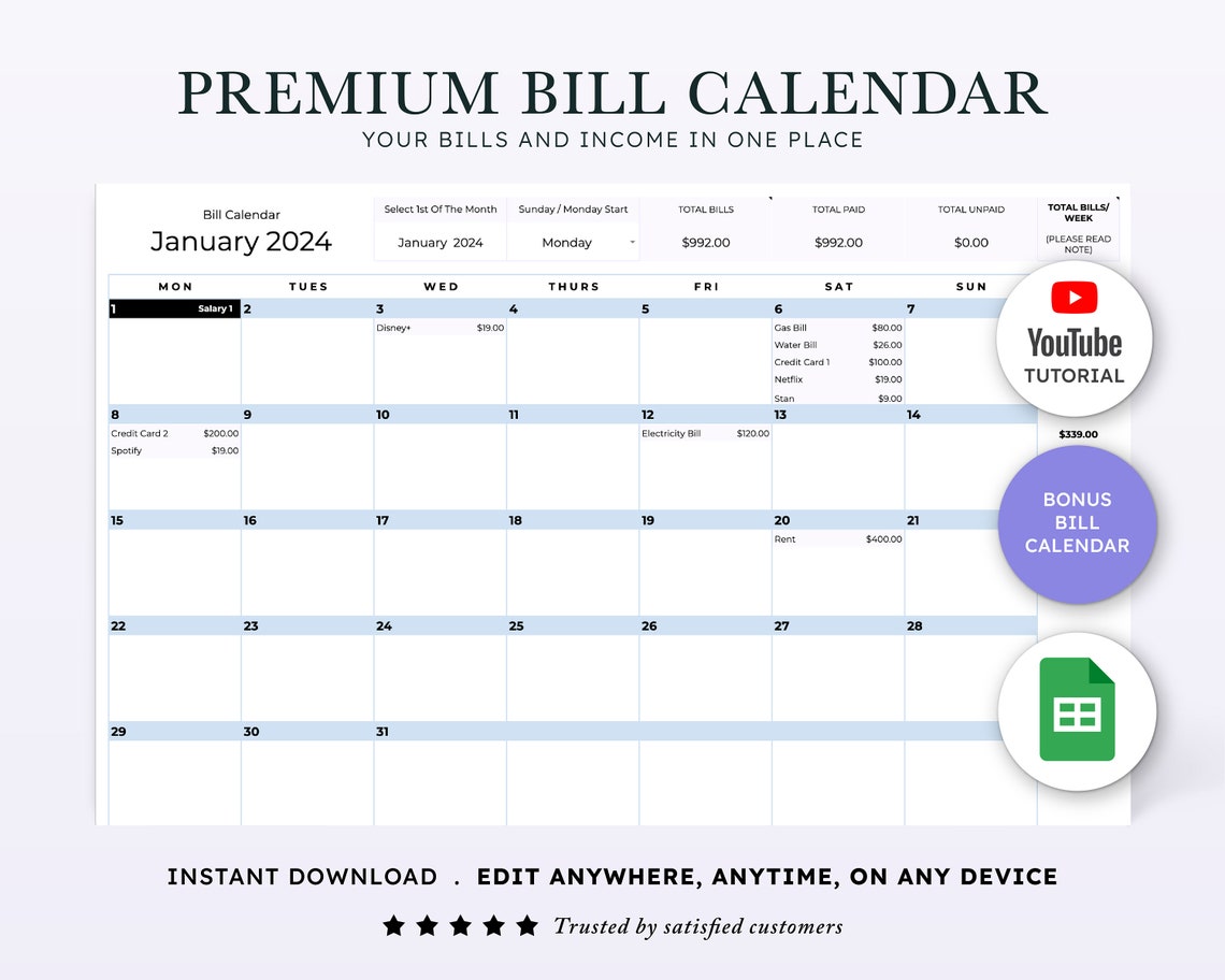 Bill Calendar, Smart Calendar Google Sheets, Subscription Tracker, Bill ...