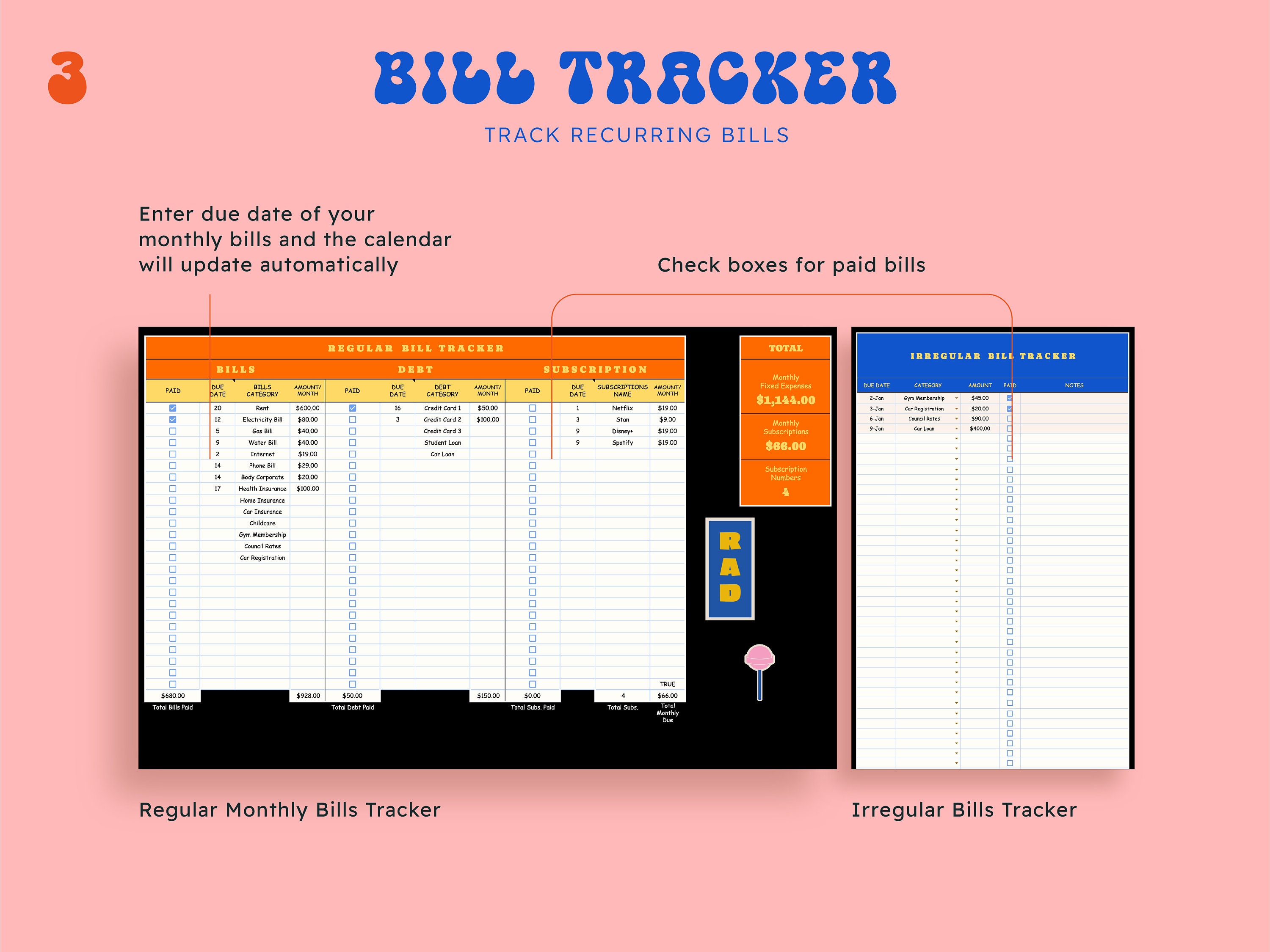 Retro Bill Calendar, Smart Calendar Google Sheets, Subscription Tracker ...
