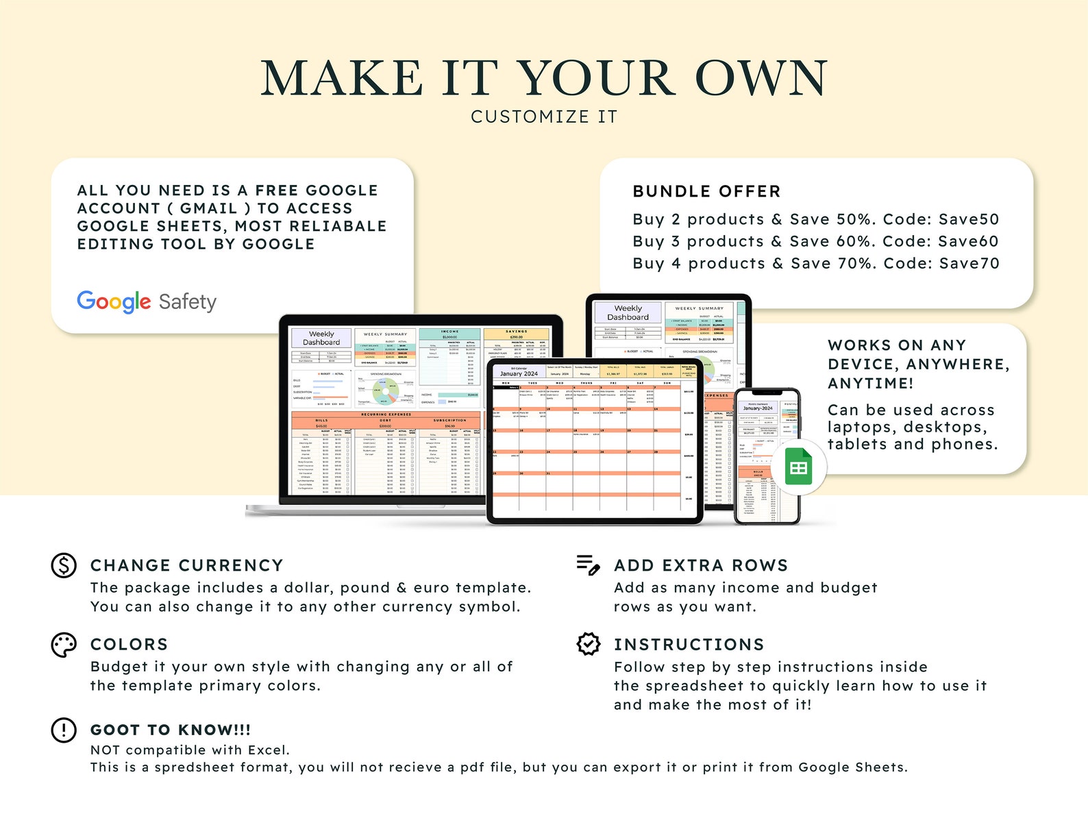 Pastel Weekly Budget Planner Spreadsheet Google Sheets Paycheck and ...