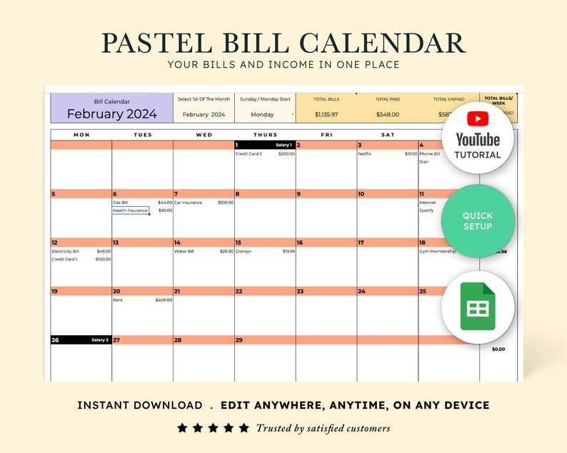 Pastel Bill Calendar, Smart Calendar Google Sheets, Subscription ...