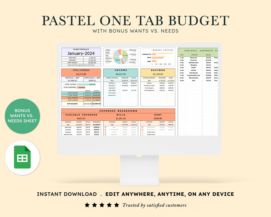 Pastel Budget Spreadsheet Google Sheets Planner, Weekly Biweekly ...
