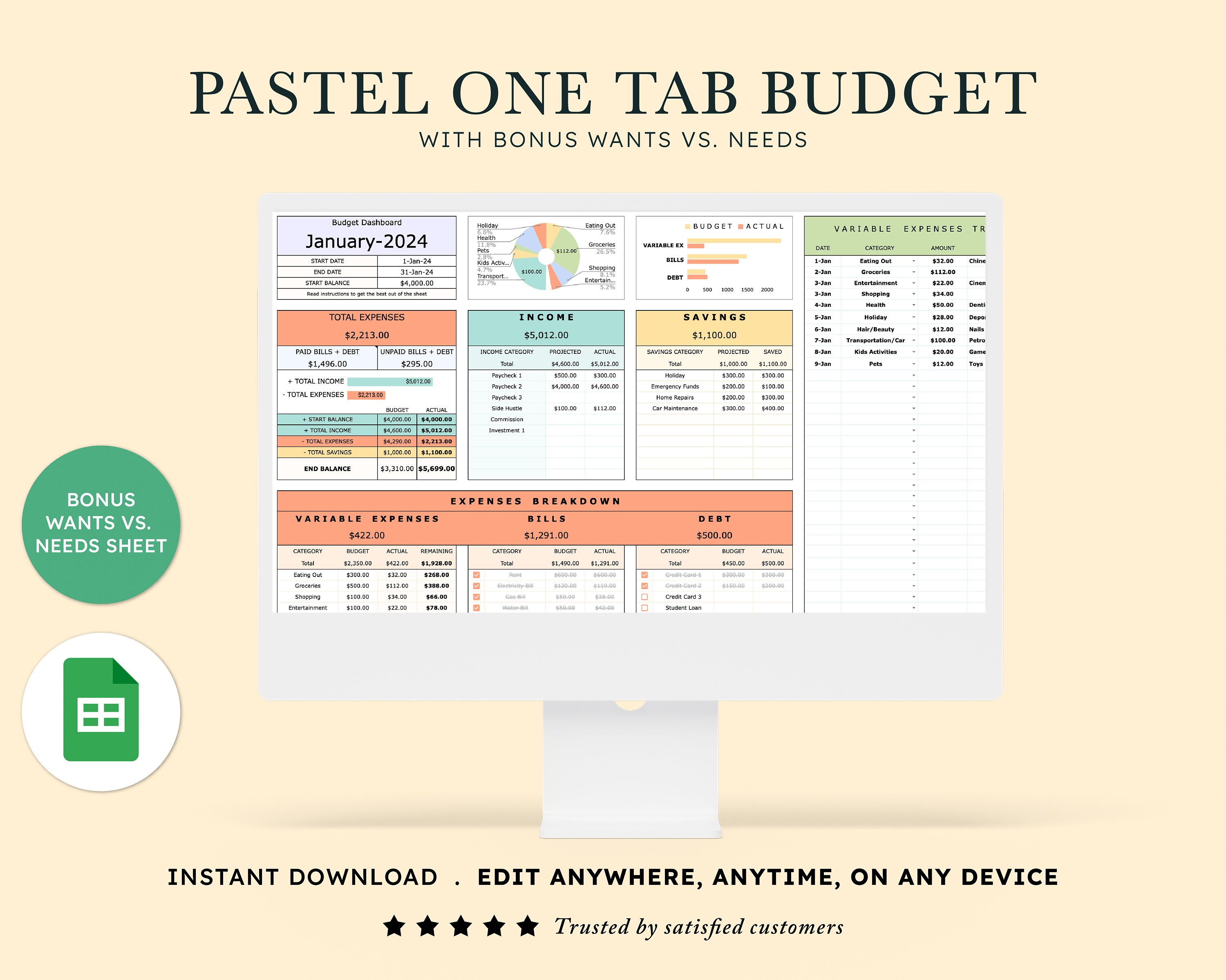 Pastel Budget Spreadsheet Google Sheets Planner, Weekly Biweekly ...