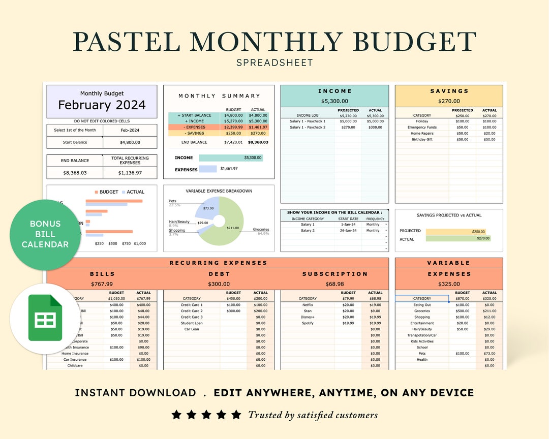 Pastel Monthly Budget Spreadsheet Google Sheets Planner Template, 50 30 ...