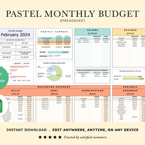 Pastel Monthly Budget Spreadsheet Google Sheets Planner Template, 50 30 ...