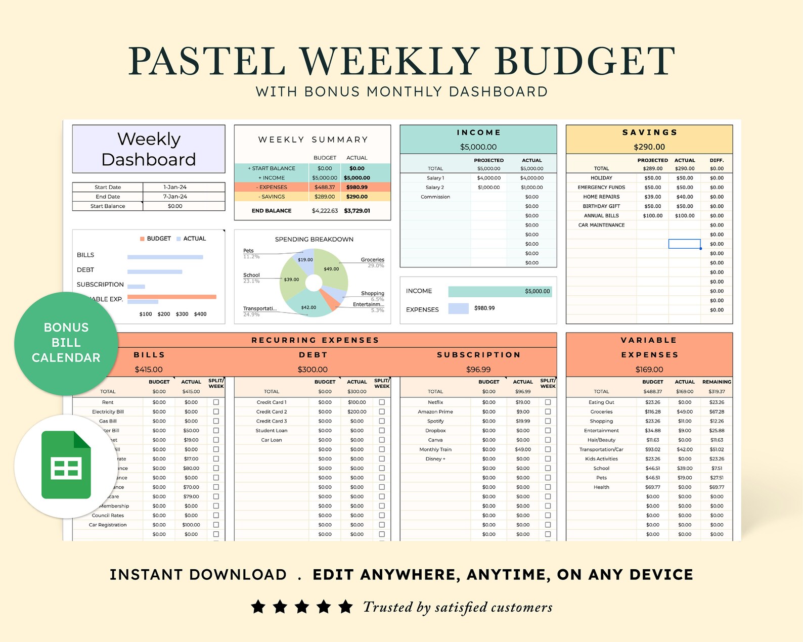 Pastel Weekly Budget Planner Spreadsheet Google Sheets Paycheck and ...