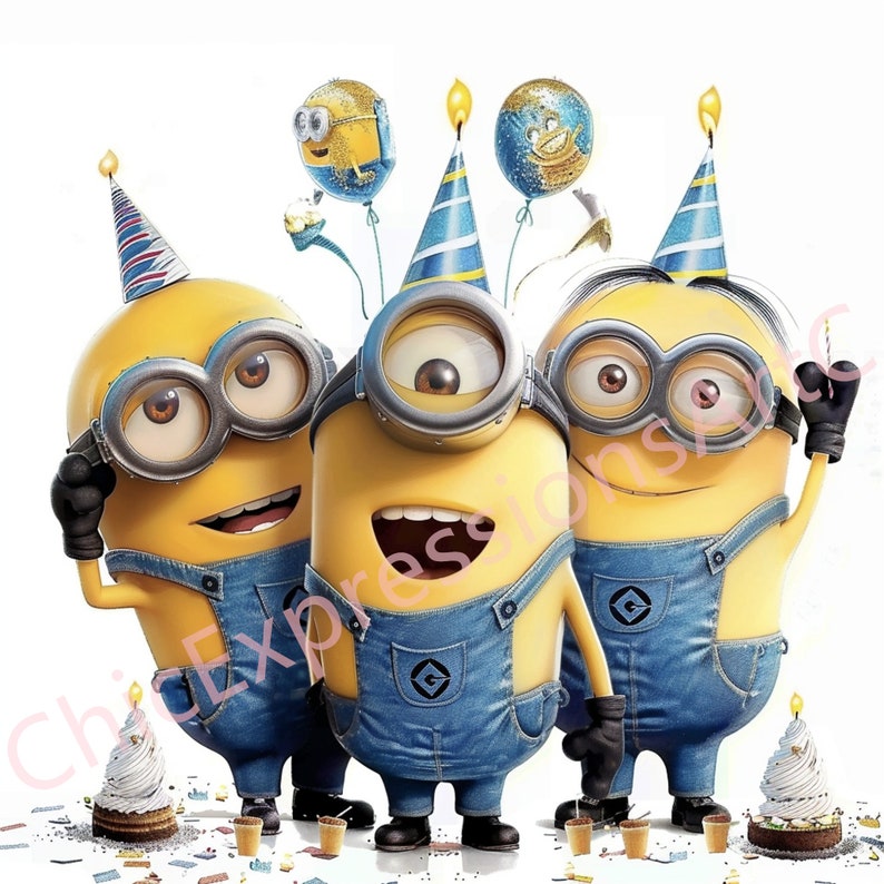 Minions Birthday Party PNG File, Minions Wearing Cake Hats, Three Cute ...