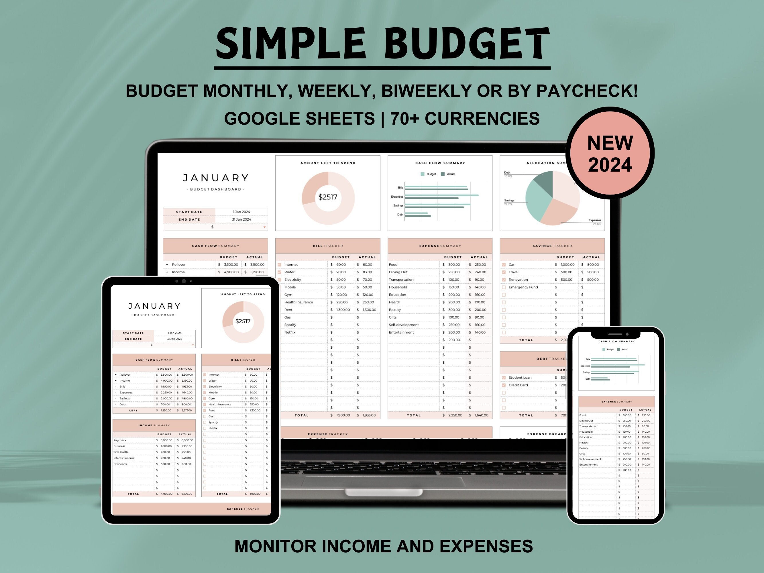 Simple Budget Planner Google Sheets Monthly Budget Spreadsheet Weekly ...