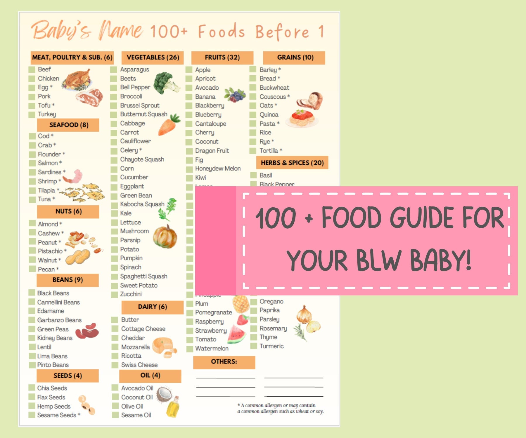 100 Foods Before 1 BLW Food Guide Baby Led Weaning List of Food Baby ...