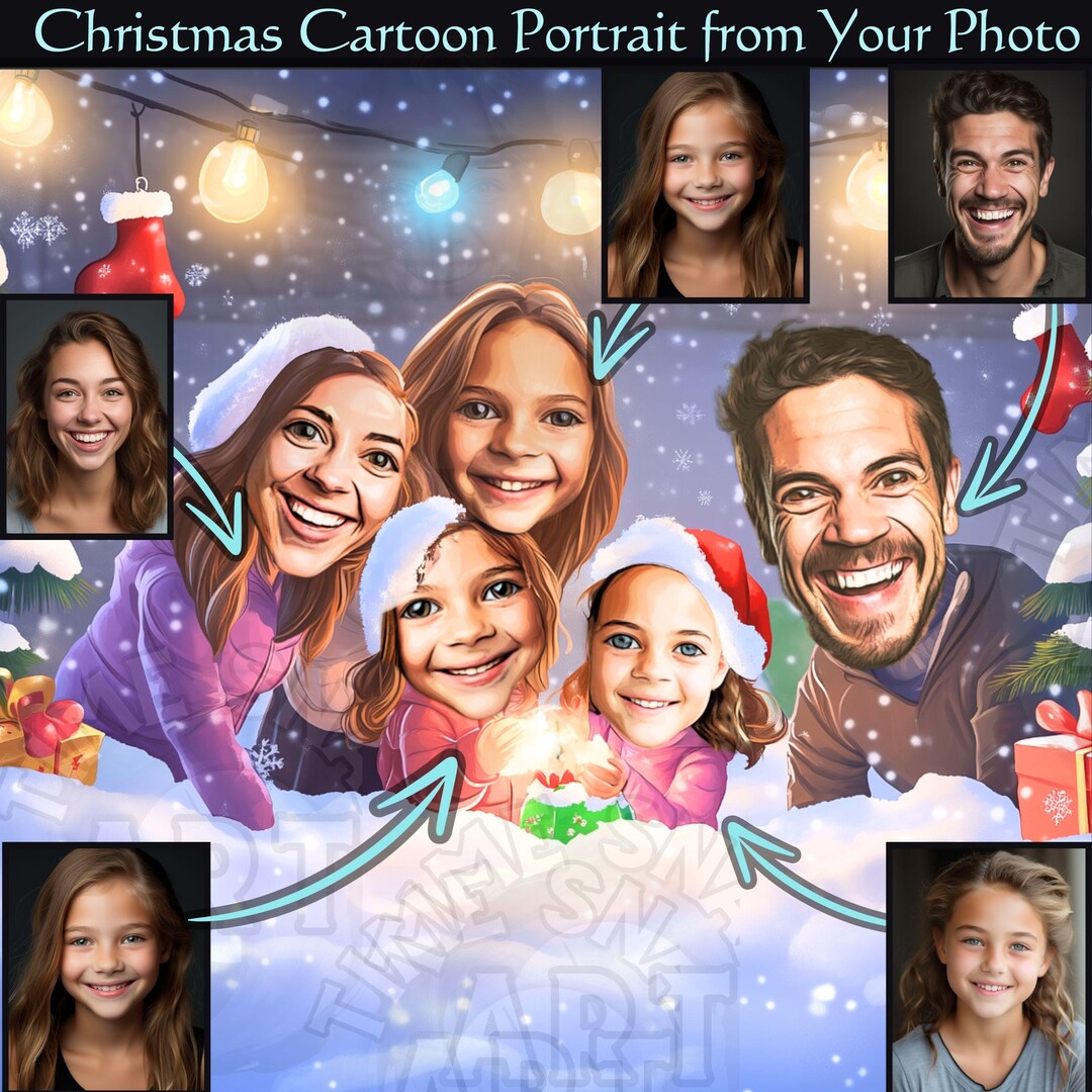 Custom Caricature Christmas Card With Faces, Cartoon Portrait From ...