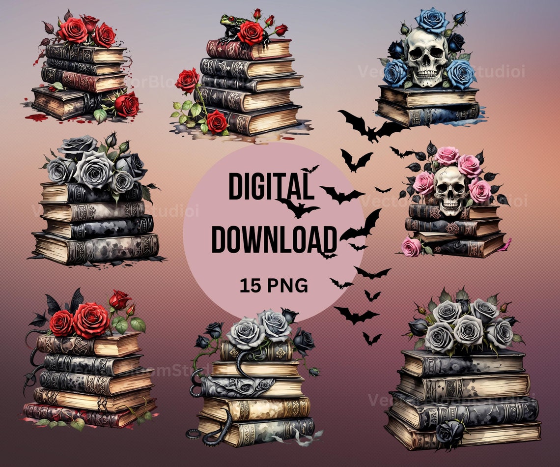 Watercolor Gothic Books Clipart Bundle, Gothic Book Clipart Set, Gothic ...
