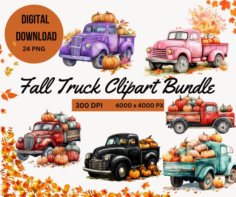 24 Watercolor Fall Truck Collection Clipart, PNG Fall Clipart, Fall ...