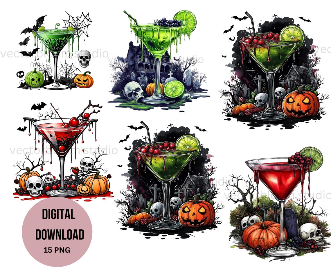 Halloween Cocktail Clipart Bundle 15 PNG Watercolor Drink Clipart ...