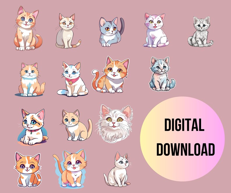 Cute Cats Clipart Bundle, Kitten Graphics, Printable Cat Image, Digital ...