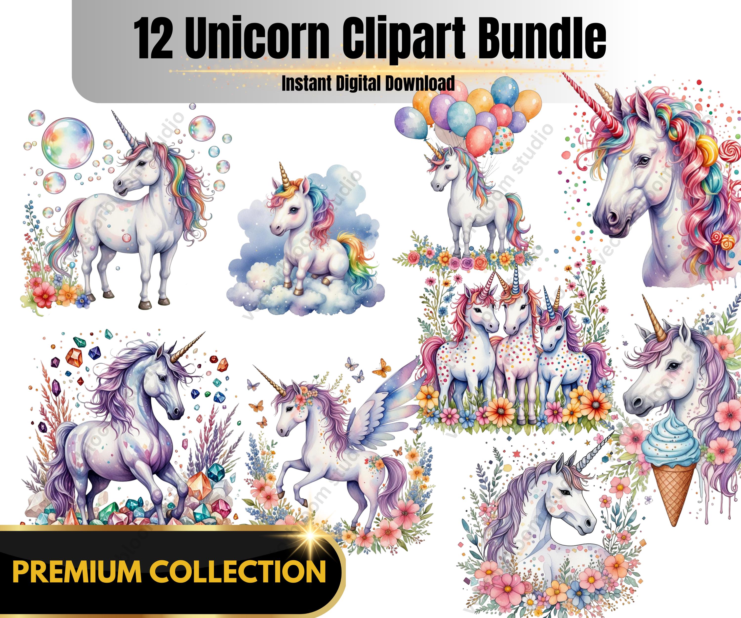 Set of 12, Unicorn Watercolor Clipart, Unicorn Сlip Art, Unicorn Png ...