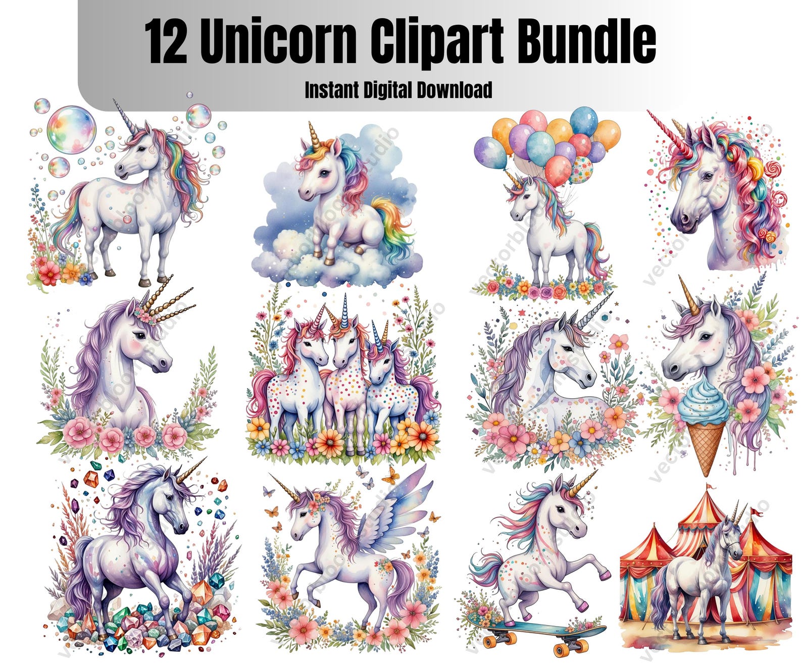 Set of 12, Unicorn Watercolor Clipart, Unicorn Сlip Art, Unicorn Png ...