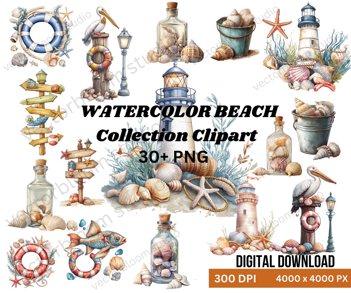 Nautical Watercolor Clipart 30+ Pngs Bundle Commercial Use! Instant ...