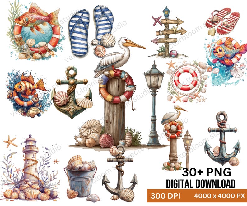 Nautical Watercolor Clipart 30+ Pngs Bundle Commercial Use! Instant ...