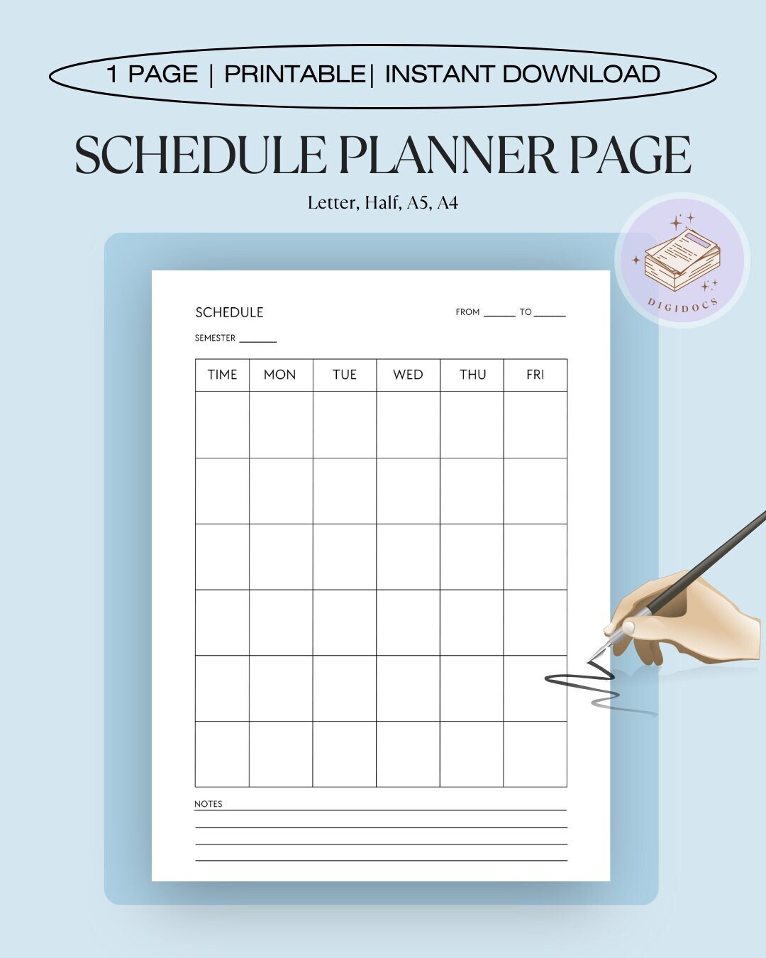 Class Schedule Semester Chart Printable PDF, Student Planner, College ...