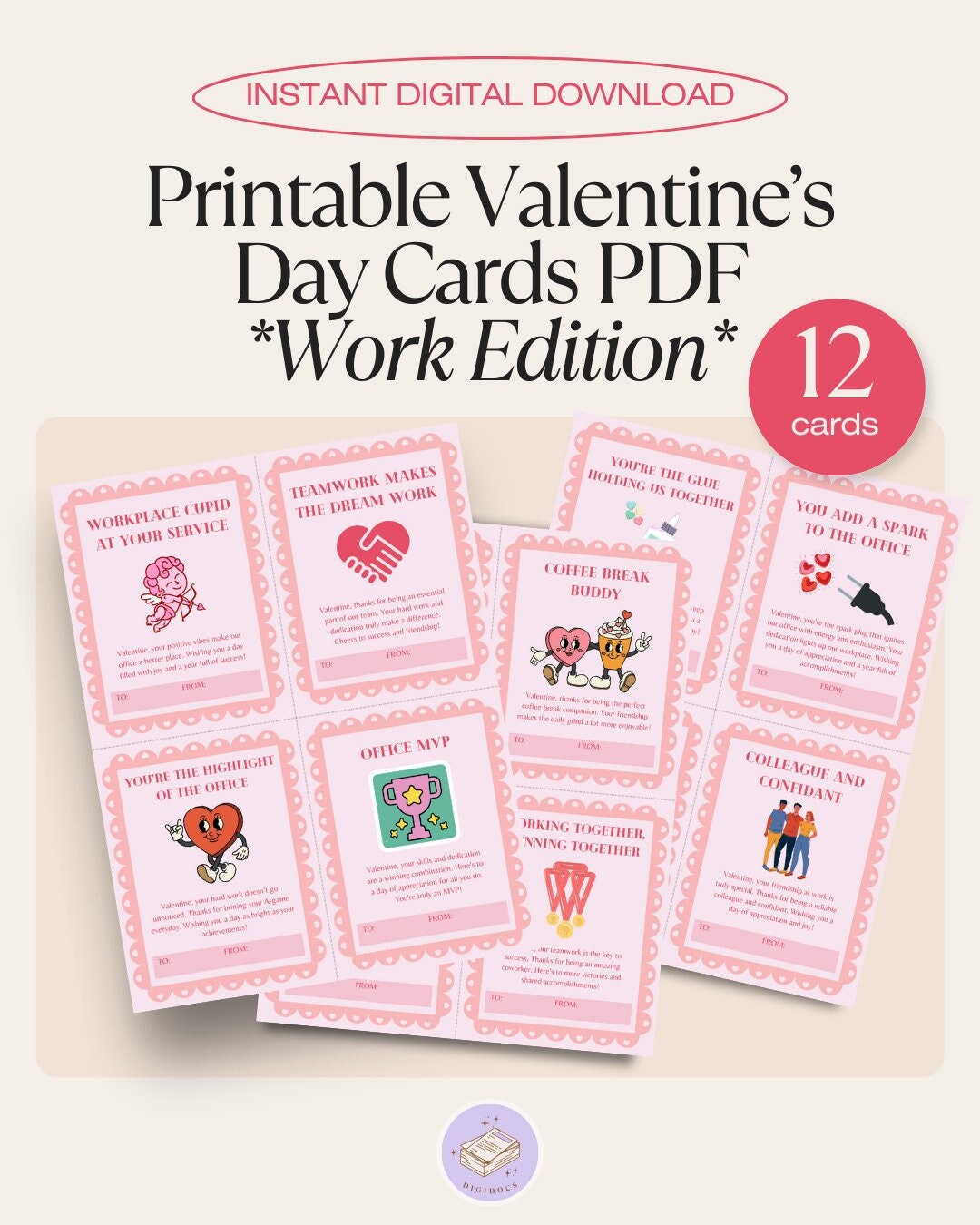 Office Valentines Day Cards Printable PDF Set of 12, Workplace ...