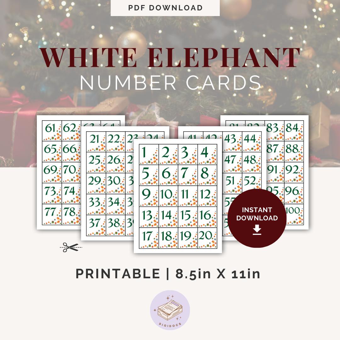 Printable Gift Exchange Numbers, White Elephant Number Cards, Christmas ...