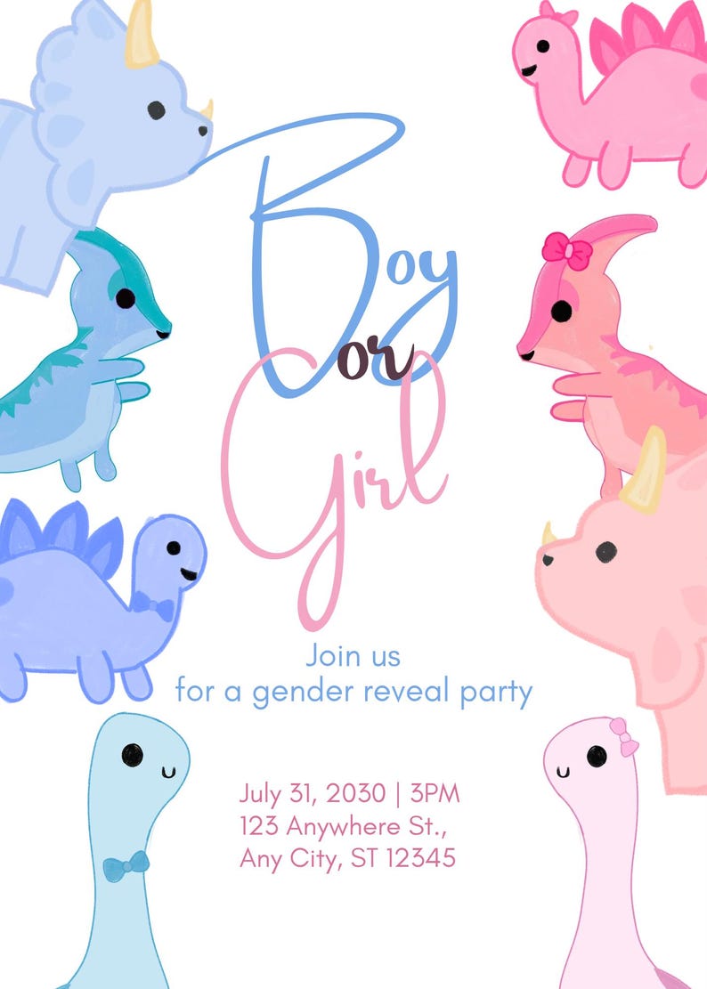 Dinosaur Gender Reveal Invitation, Pastel Dino, Editable Canva Template ...