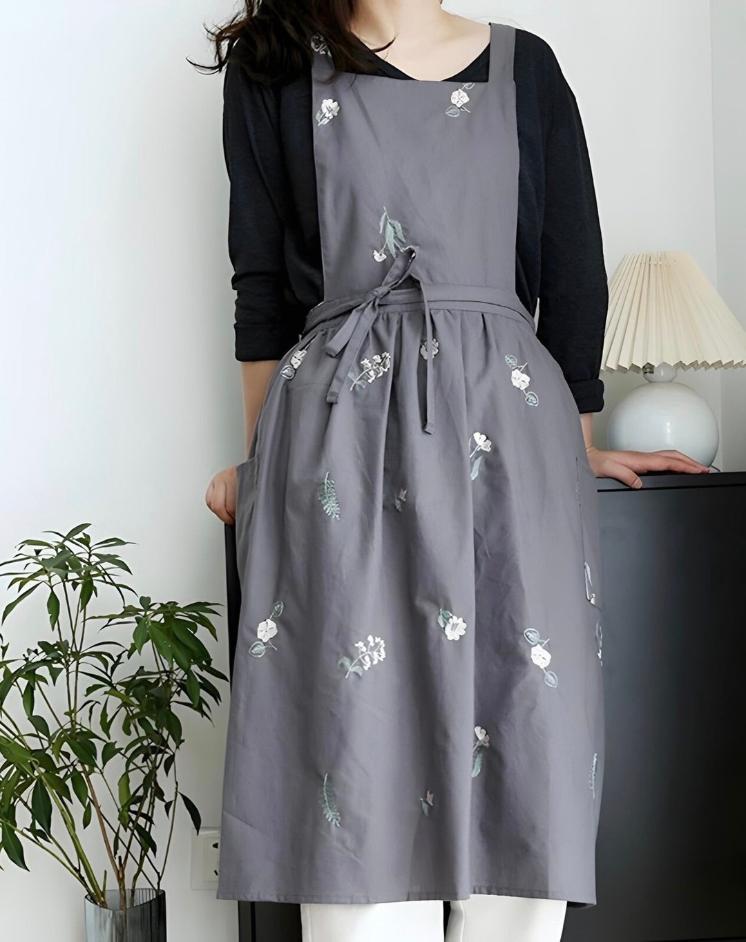 Flower Embroidered Apron Cotton, Waterproof Strap Apron With Pockets ...