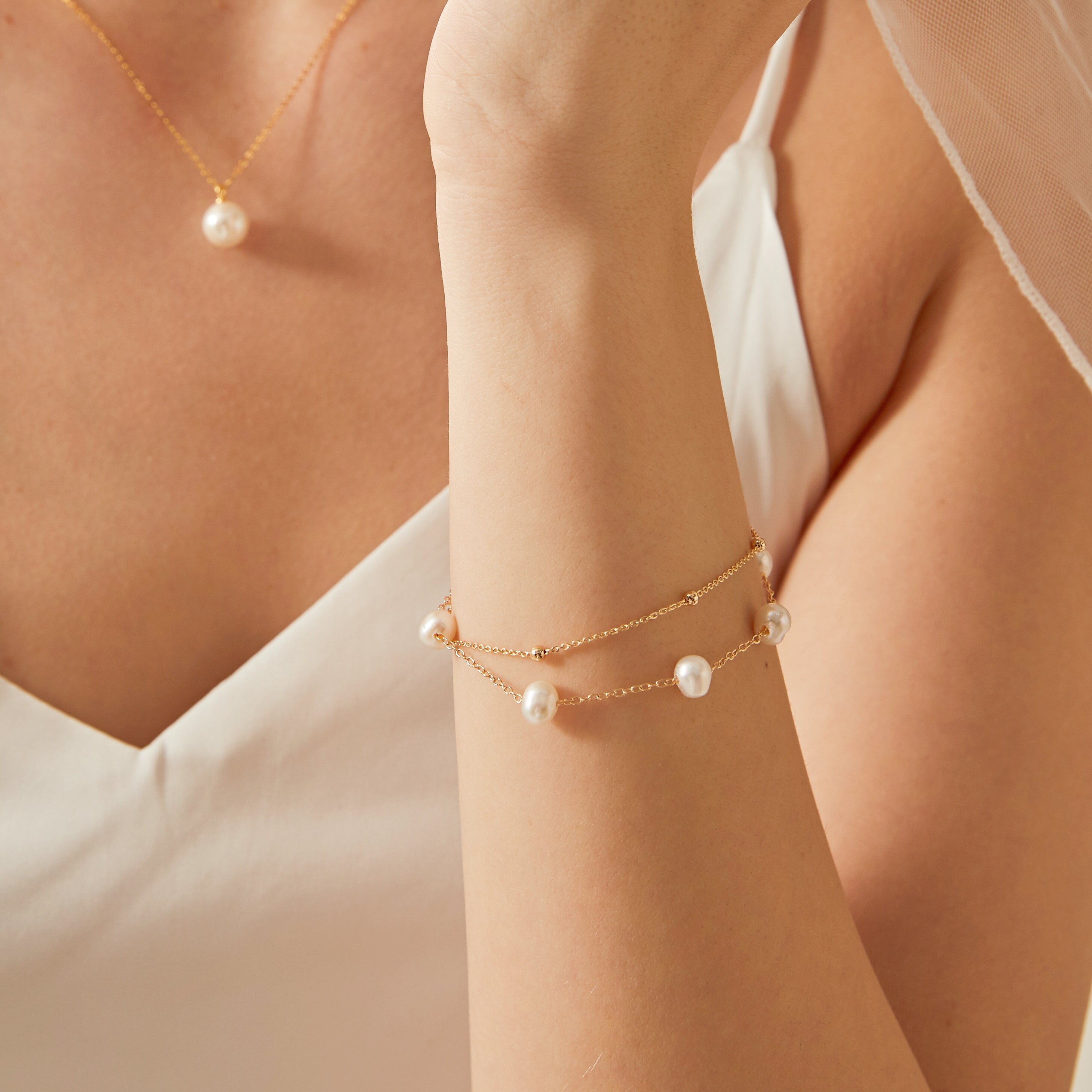 Natural Freshwater Pearl Bracelet,14k Gold Filled Beaded Double Layered Pearl Bracelet,bridal ...