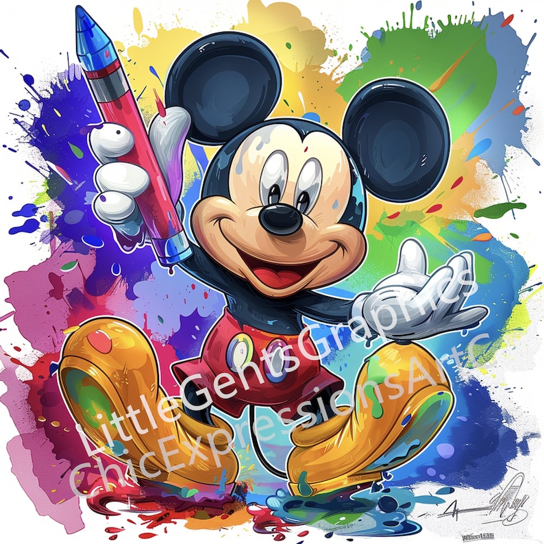 Colorful Doodle Print and Digital Image of Mickey Mouse Holding ...