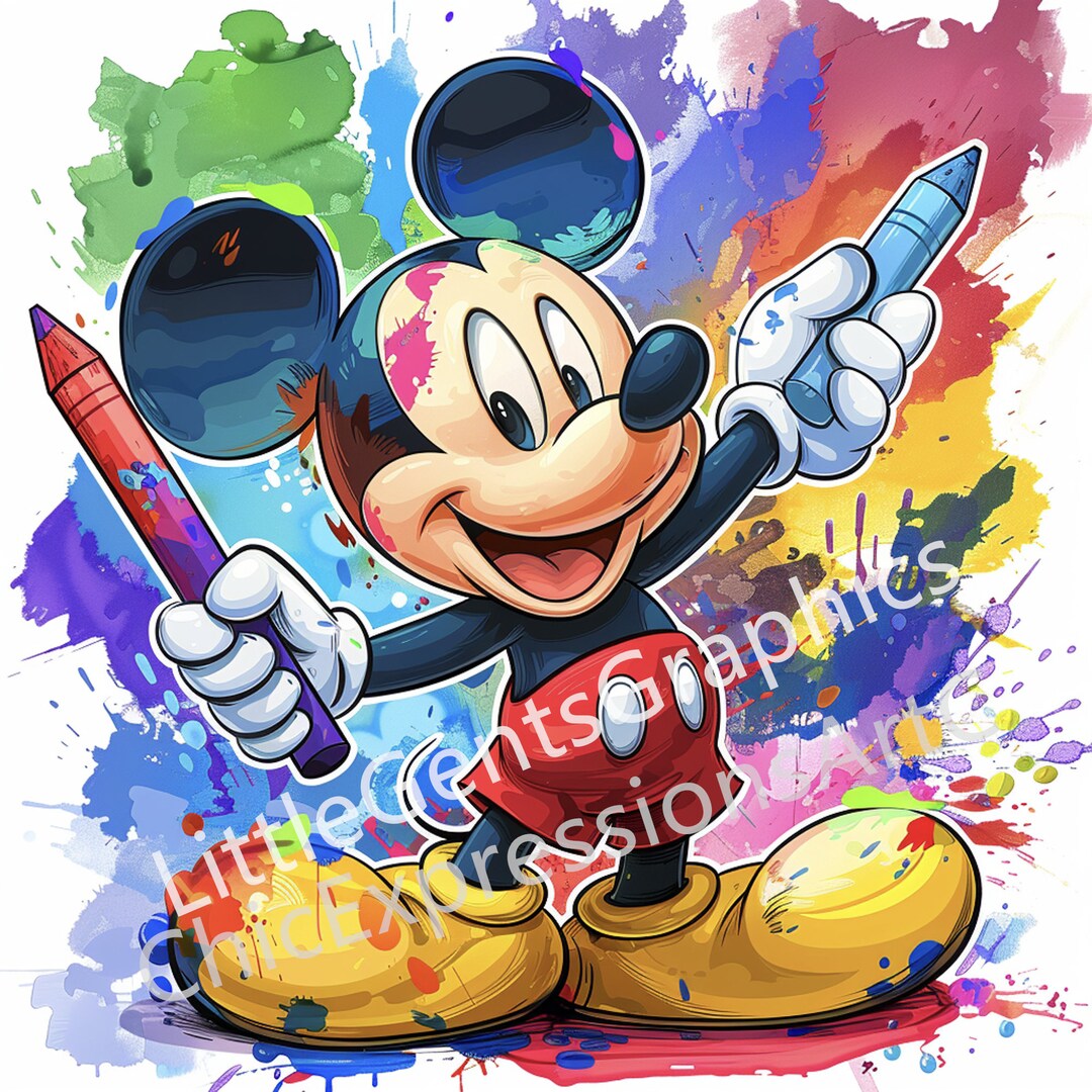 Colorful Doodle Print and Digital Image of Mickey Mouse Holding ...