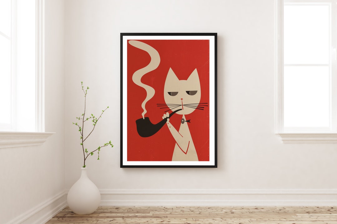 Cat Smoking Pipe Poster, Retro Wall Decor , Whimsical Wall Art, Funny ...