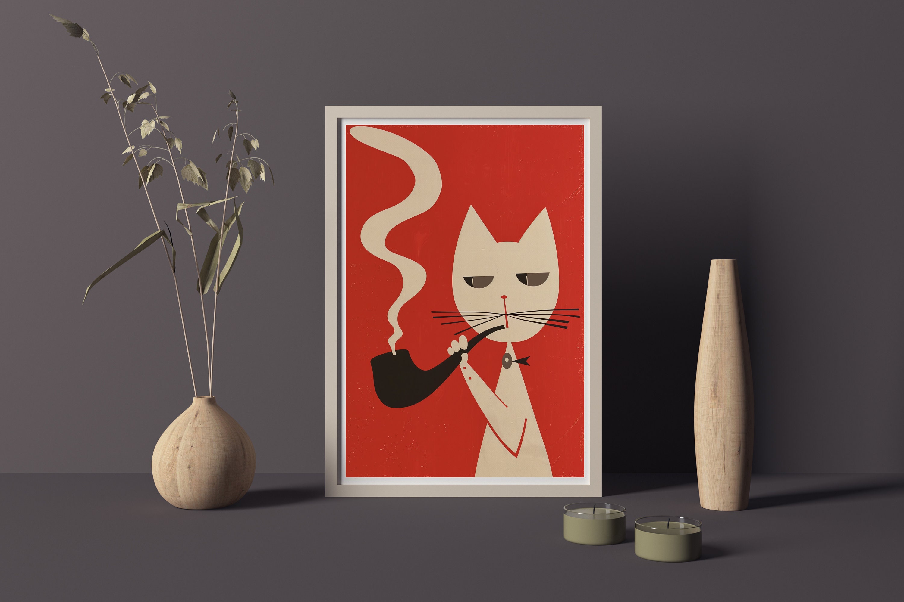 Cat Smoking Pipe Poster, Retro Wall Decor , Whimsical Wall Art, Funny ...