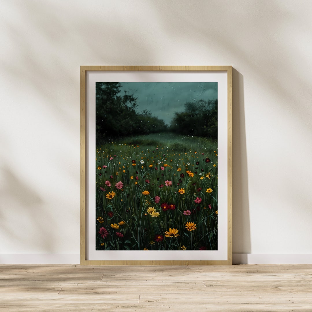 Wildflower Field Poster, Vintage Botanical Landscape Sign, Floral Decor ...