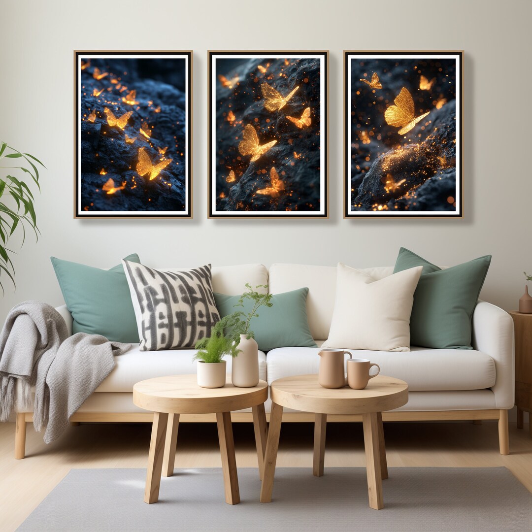 Set of 3 Triptych Prints Particles Black Rock Surface Glowing Fireflies ...