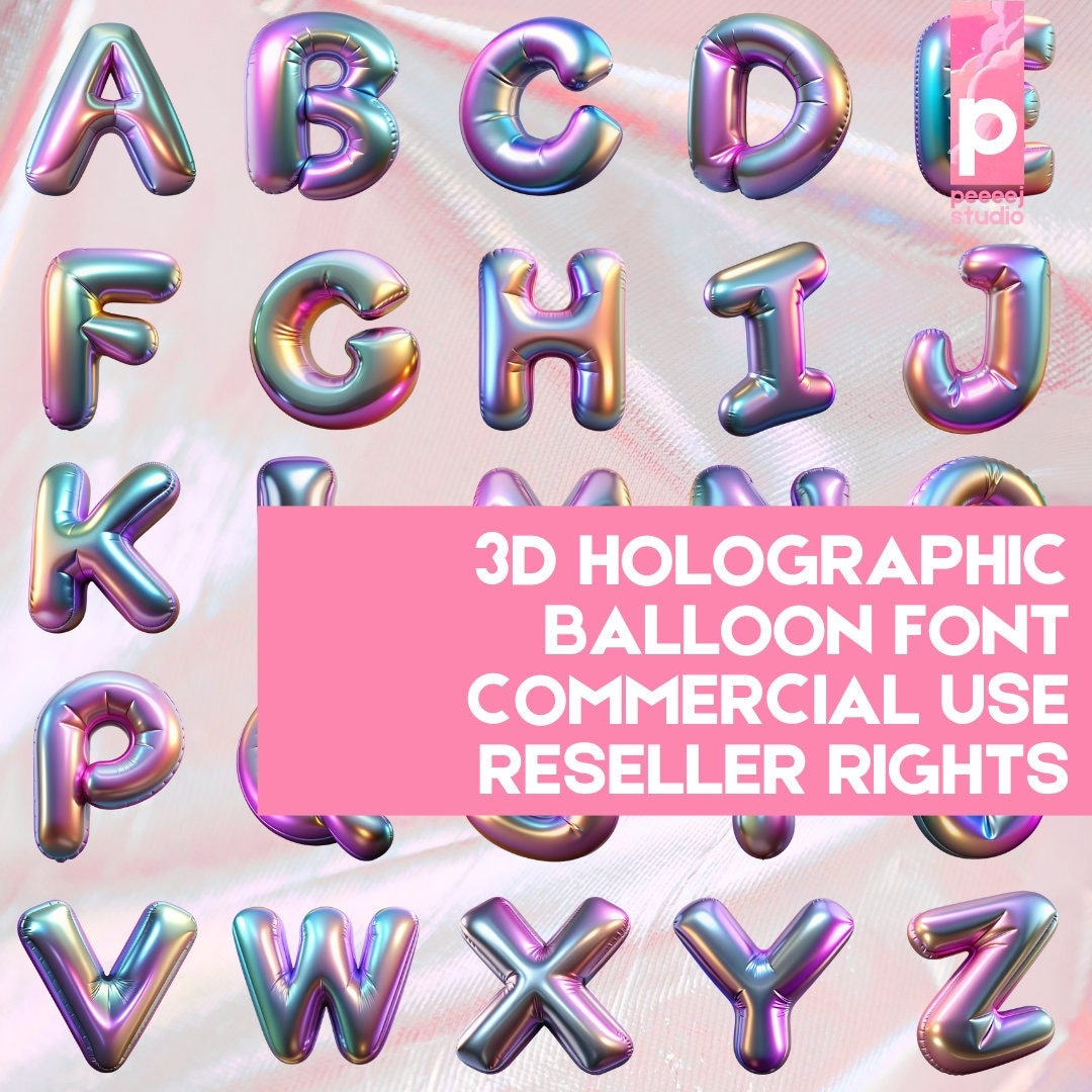 3D Effect Y2K Holographic Font Balloon Letters PNG Hologram Digital Download Typography ...