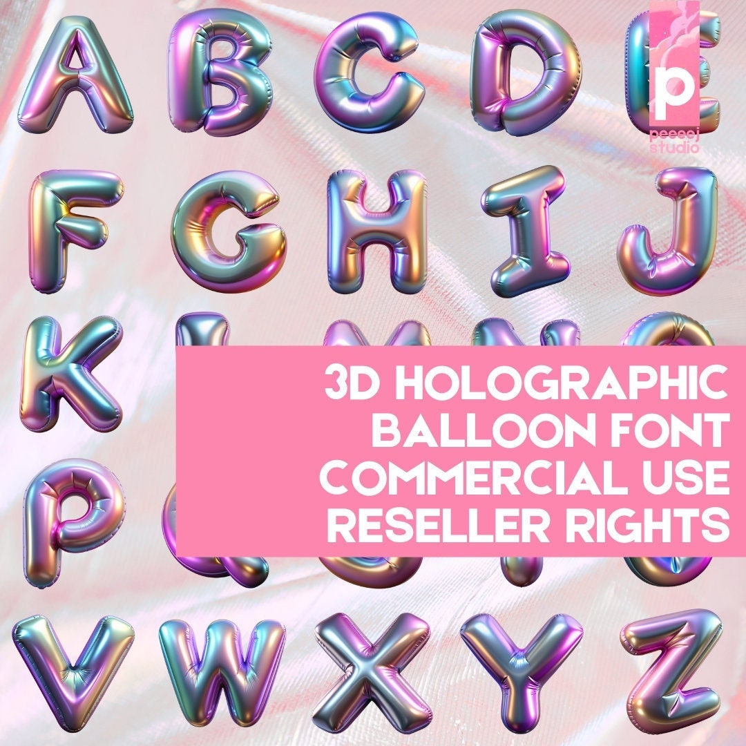 3D Font Holographic Balloon Letters Y2K Alphabet PNG for Logos ...