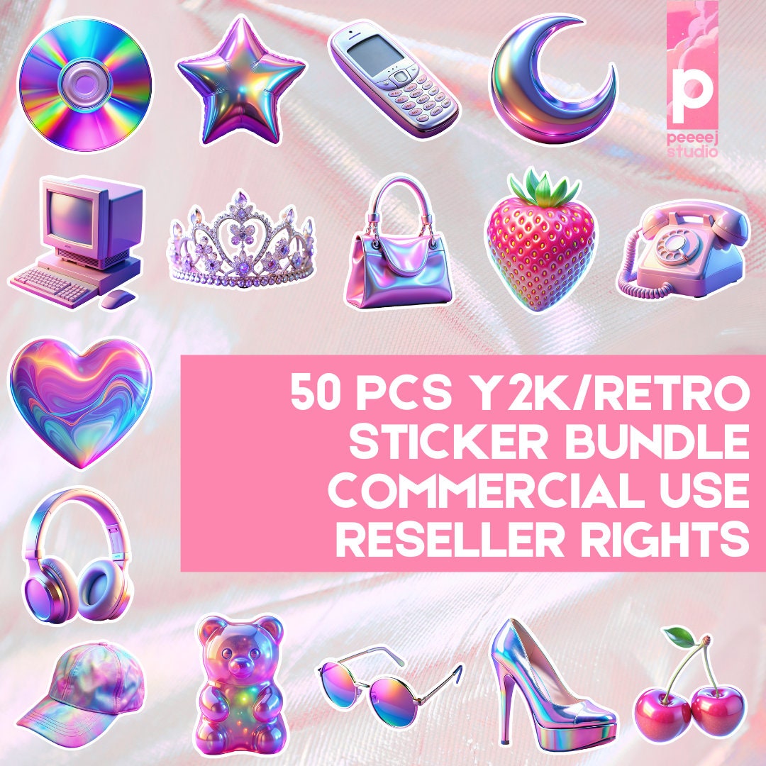 Printable 3D Holographic Y2K Aesthetic Retro Digital Sticker Bundle for ...